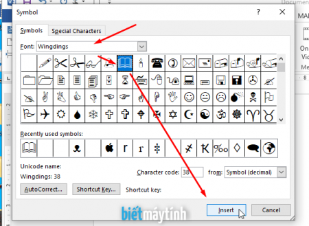 Chèn biểu tượng quyển sách trong Word | Biết máy tính